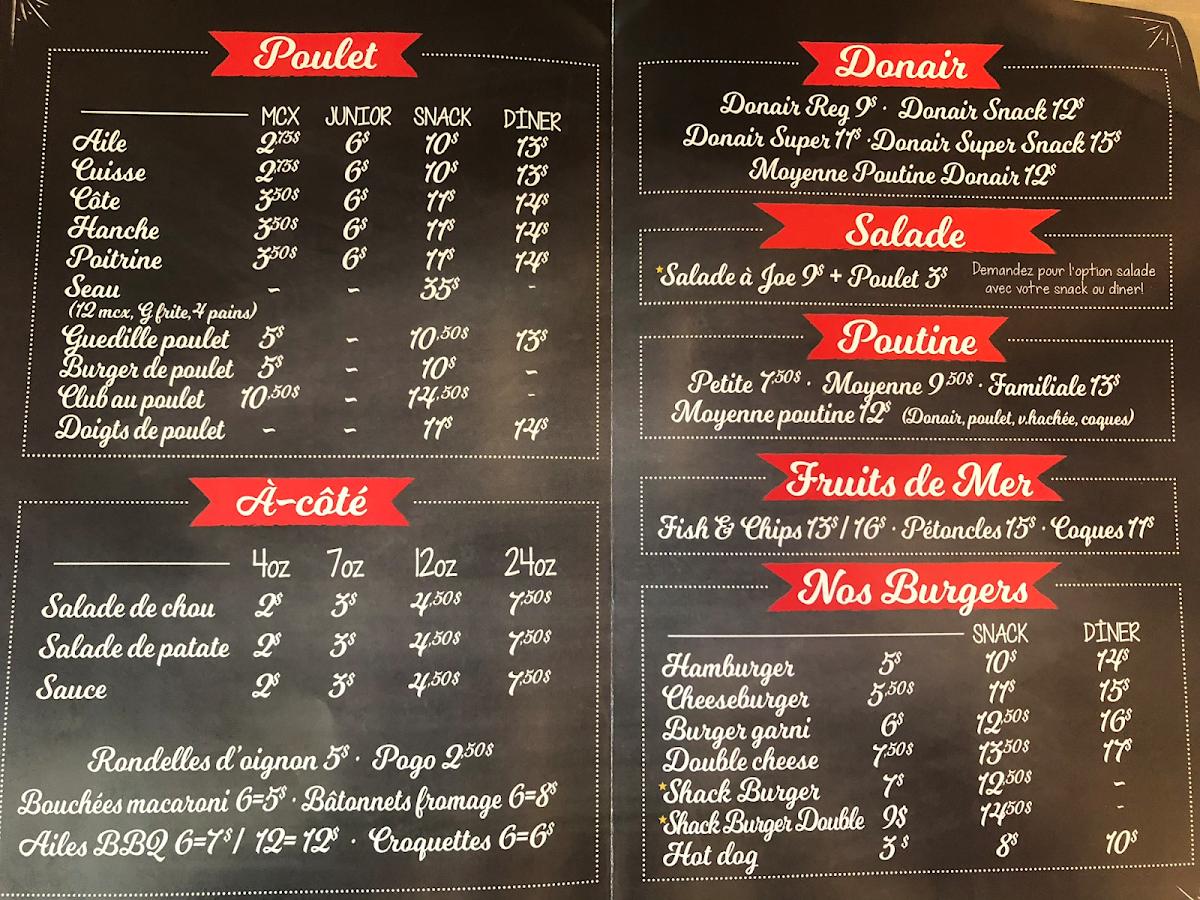 Menu au Le Shack à Joe fast food, Shippagan