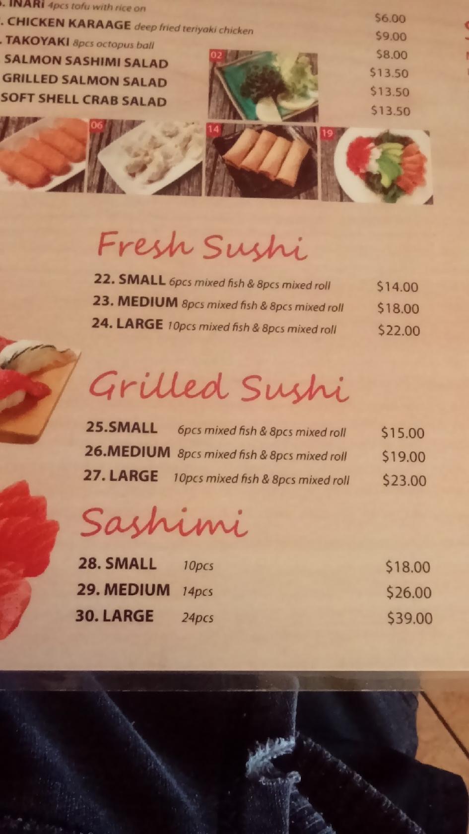 Menu at Moon's Sushi restaurant, Nowra
