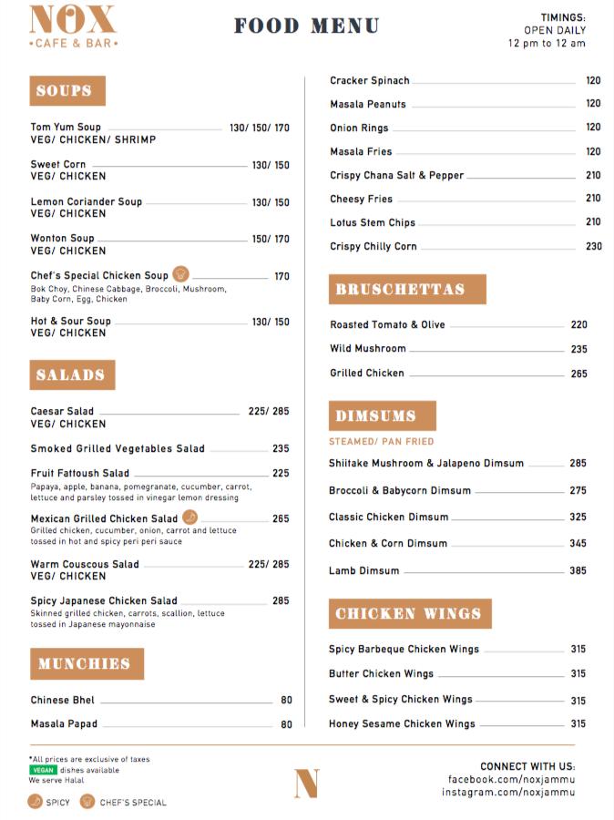 Menu at Nox Cafe & Bar, Jammu
