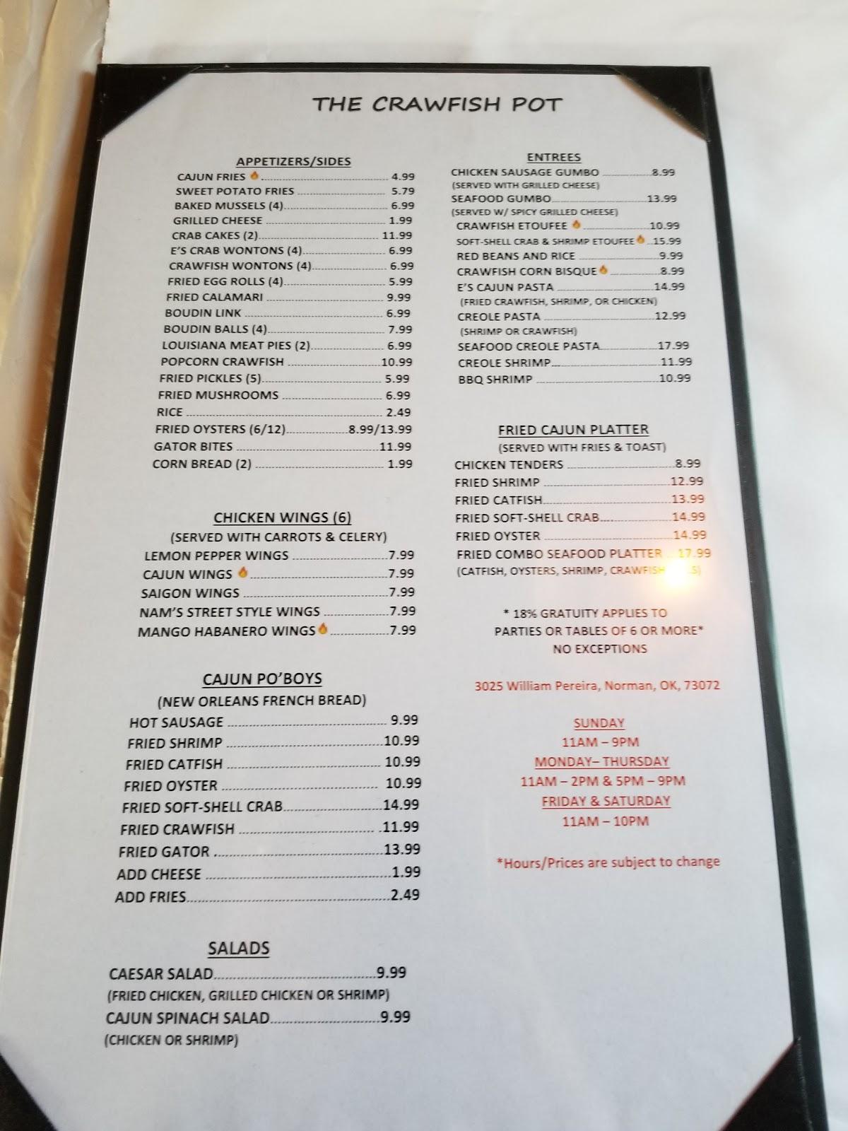 Menu at The Crawfish Pot Norman restaurant, Norman
