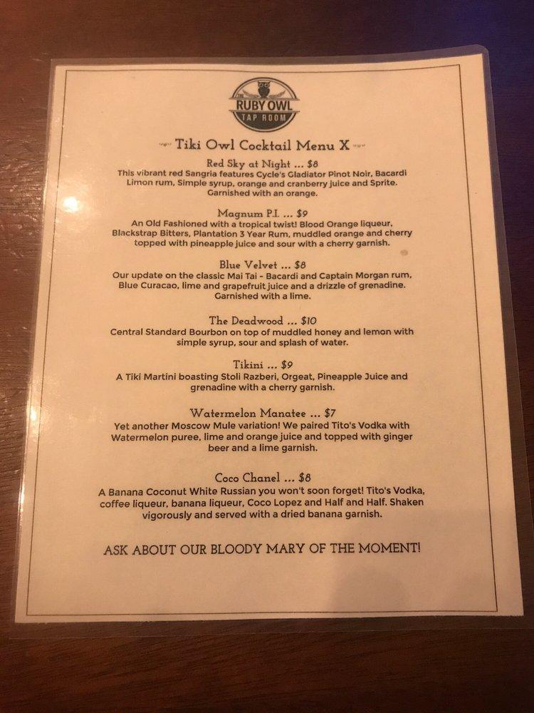 Menu at The Ruby Owl Tap Room pub & bar, Oshkosh