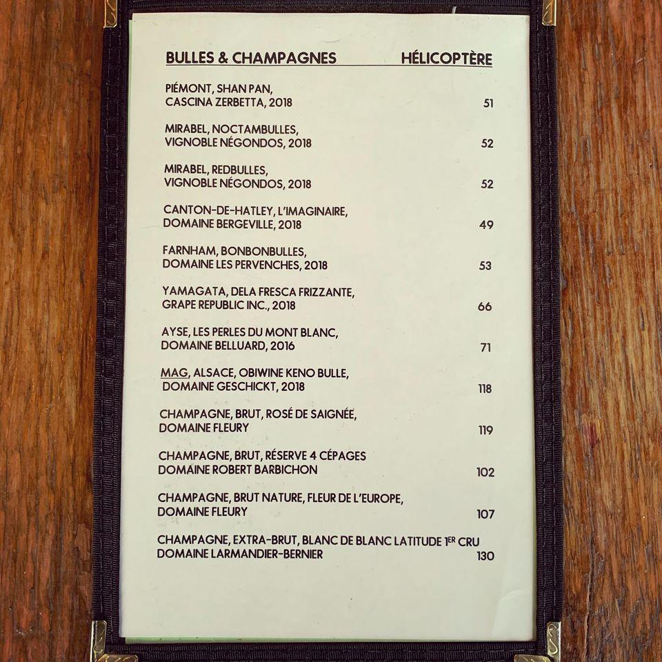 Menu at Restaurant Hélicoptère, Montreal