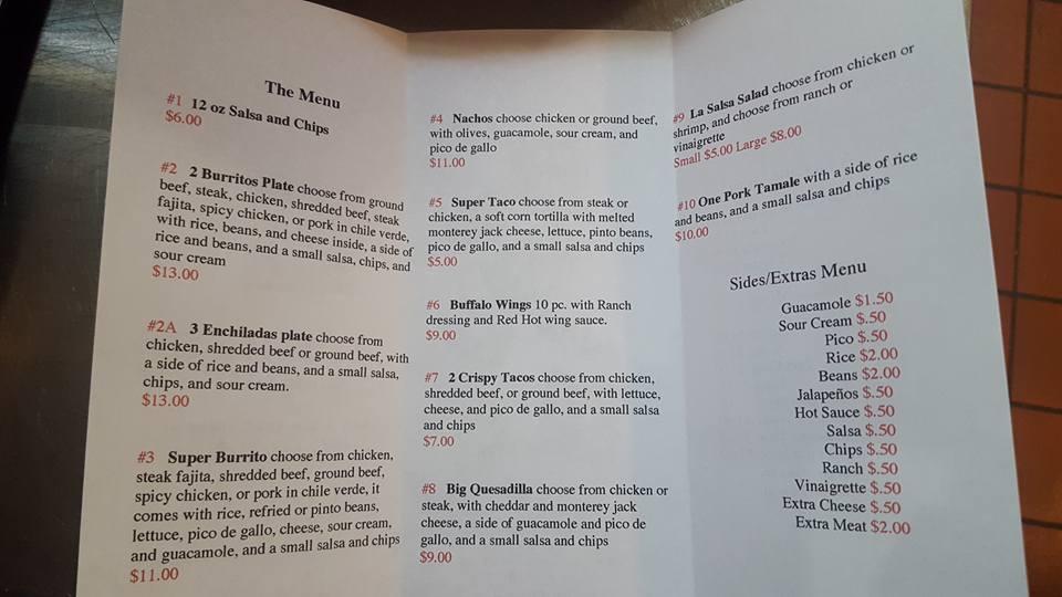 Menu at La Salsa Mexican Food restaurant, Juneau, Glacier Hwy #32a