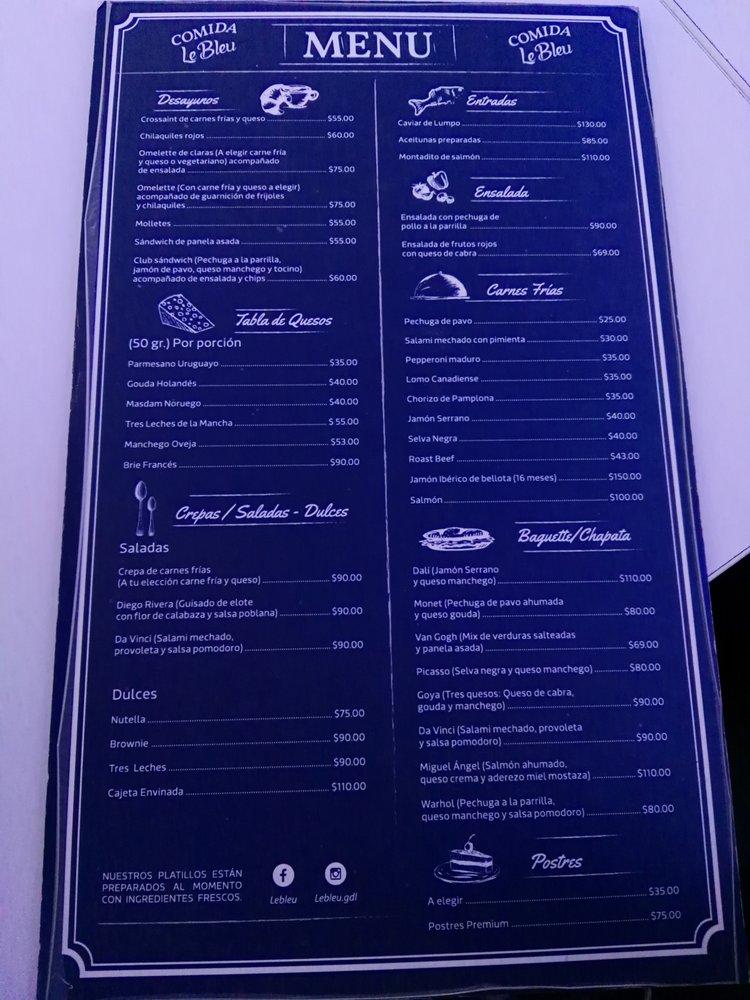 Carta del pub y bar Le Bleu, Guadalajara, C. Ottawa 1568