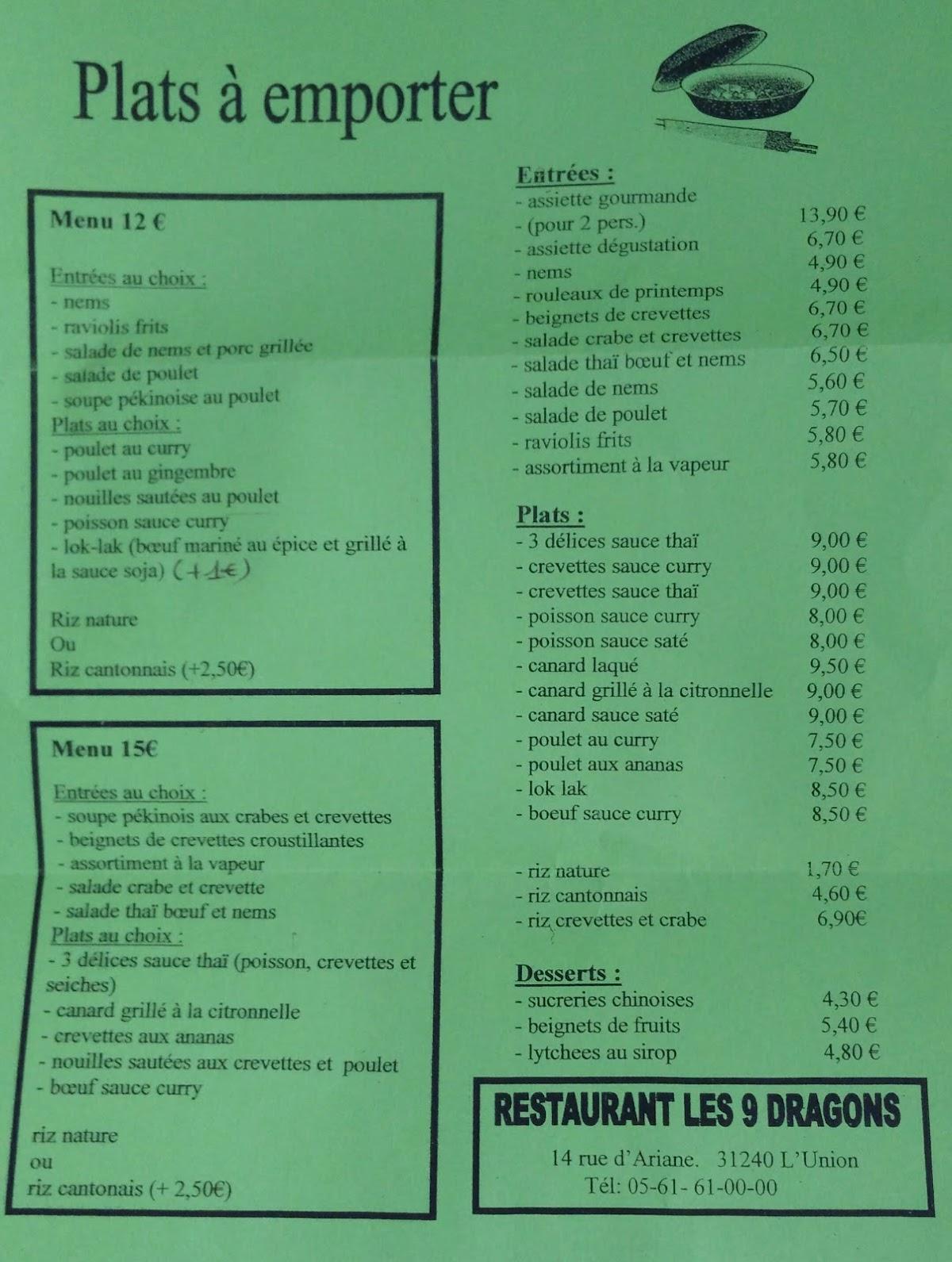 Menu au Les 9 Dragons restaurant, L'Union