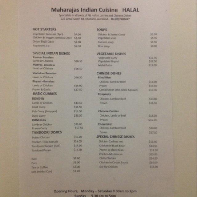 Menu at Maharaja Dine In Takeaway restaurant, Auckland