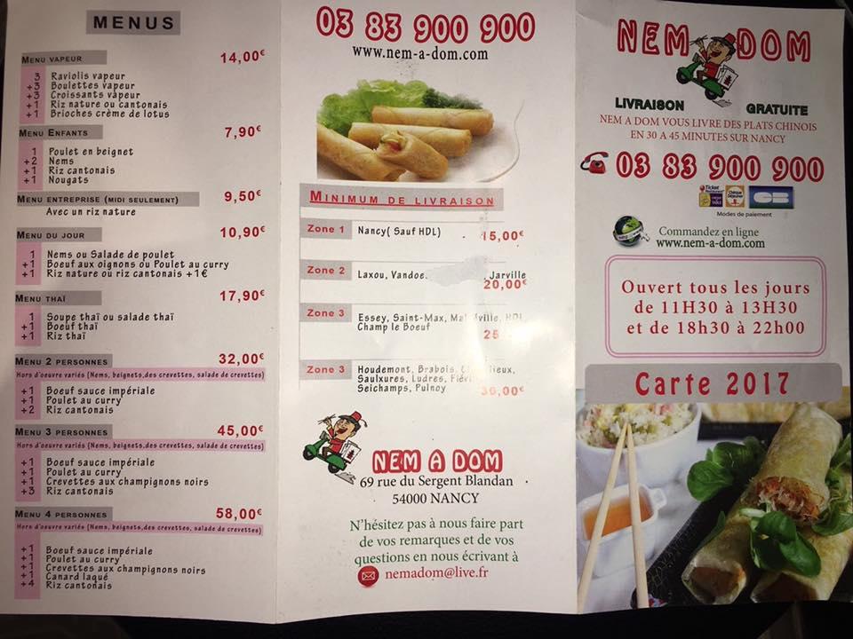 Menu at Nem à Dom fast food, Nancy