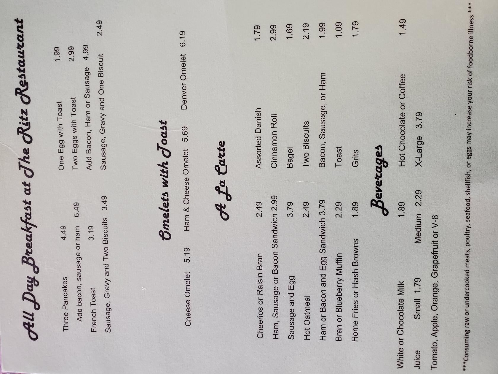 Menu at Ritz Restaurant, Paoli