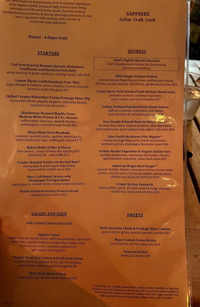 Menu at Sapphire restaurant, Laguna Beach, S Coast Hwy Suite 101