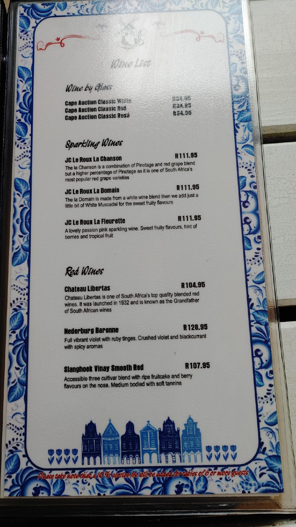 Menu at The Windmill Restaurant, Hartbeespoort