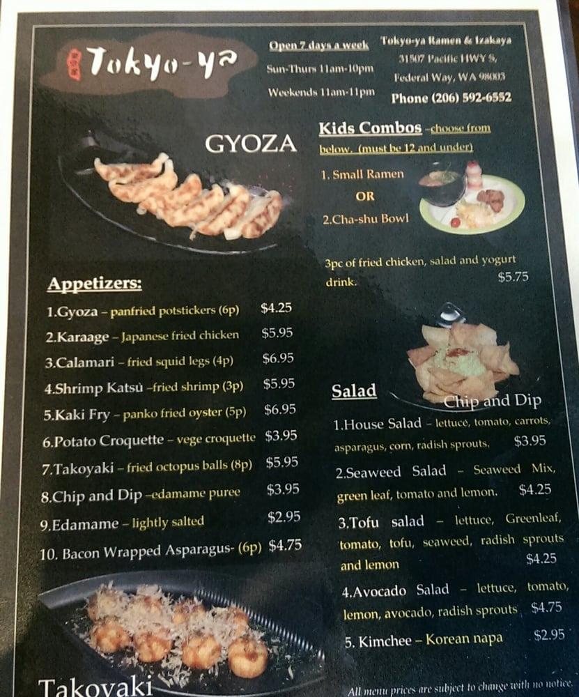Menu at Tokyo-ya Ramen restaurant, Federal Way