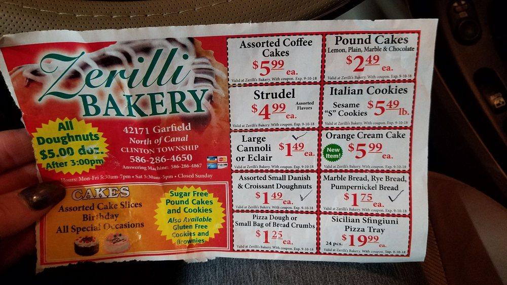 Menu at Zerilli Bakery, Charter Township of Clinton