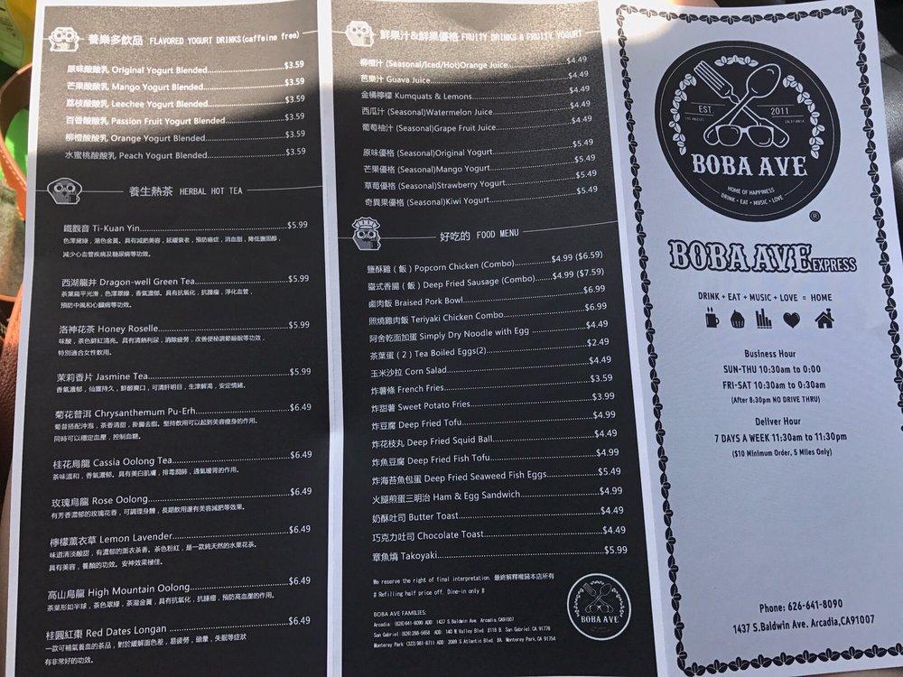 Menu at Boba Ave pub & bar, Arcadia