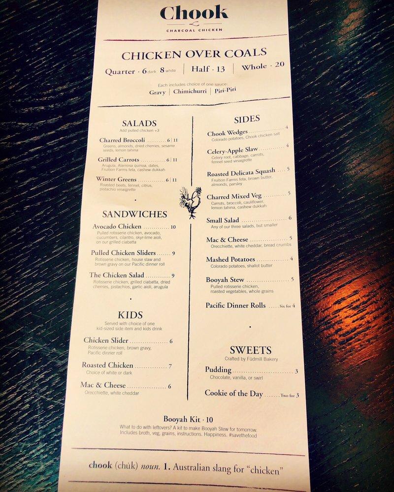 Menu at Chook restaurant, Denver, S Pearl St