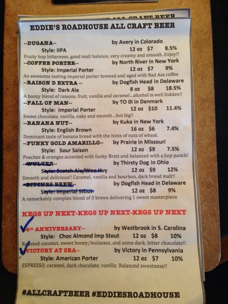 Menu at Eddie's Roadhouse restaurant, Warwick