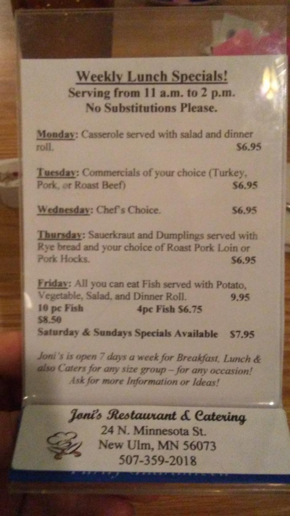 Menu at Joni's Restaurant & Catering, New Ulm