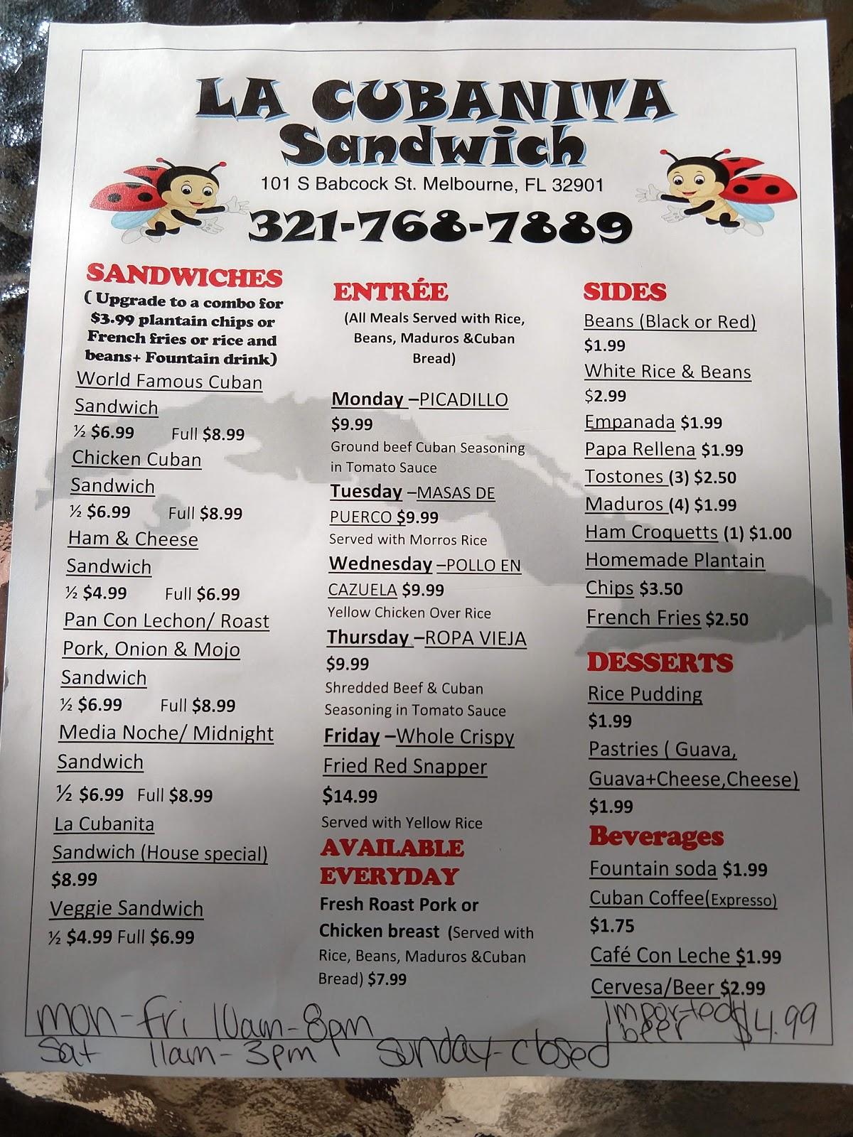 Menu at La Cubanita Sandwich (formerly Cuban Sandwich) restaurant ...