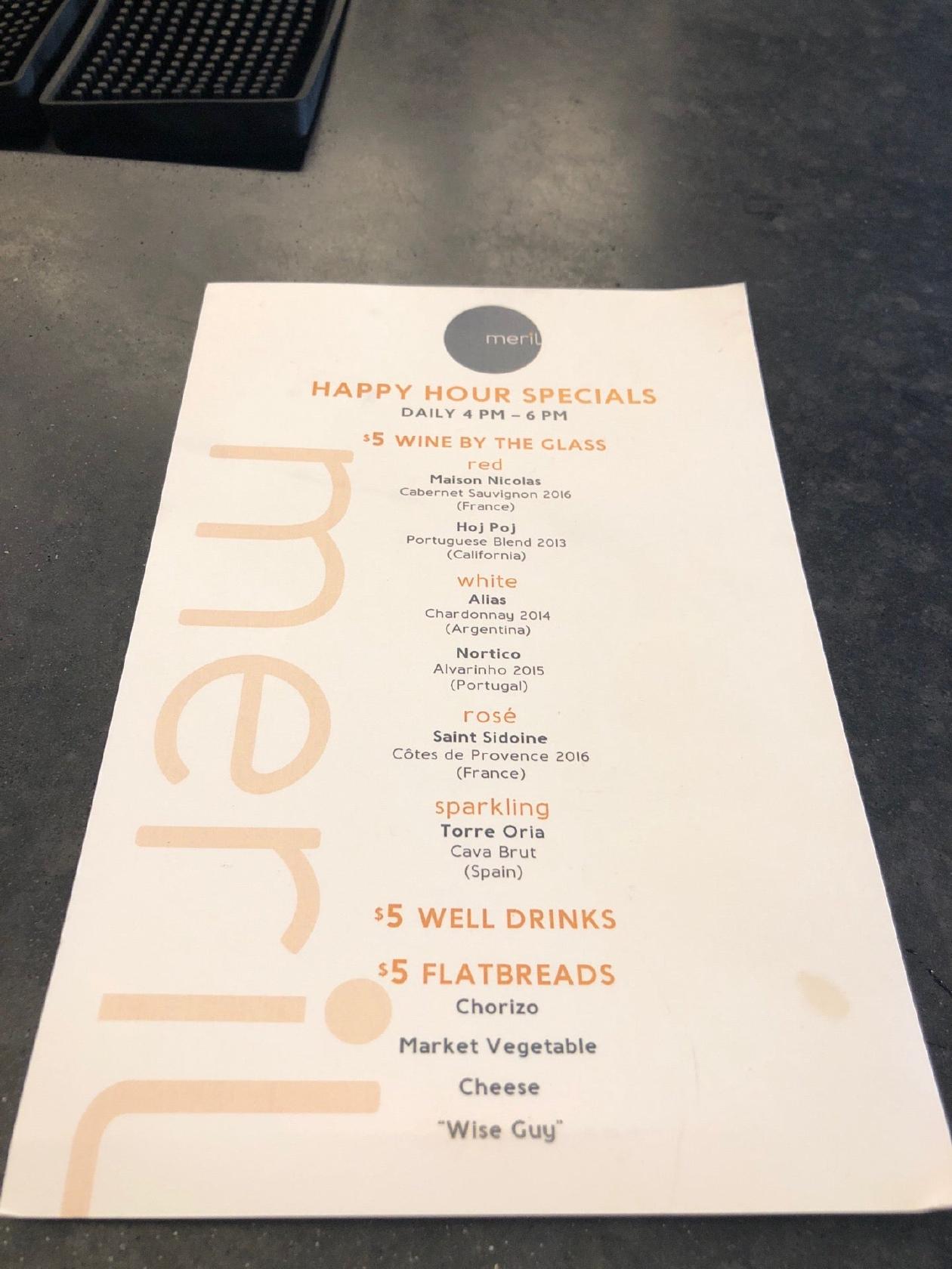 Menu at Meril restaurant, New Orleans