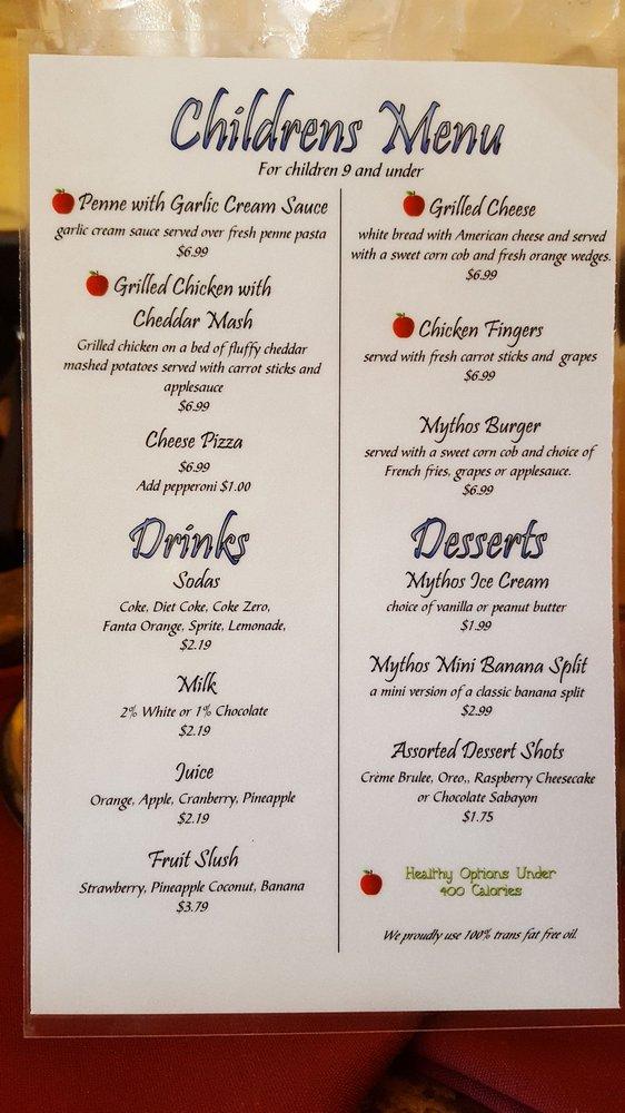 Menu at Mythos Restaurant, Orlando