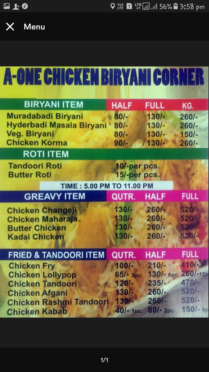 Menu at A one chicken biryani corner fredabad, Faridabad
