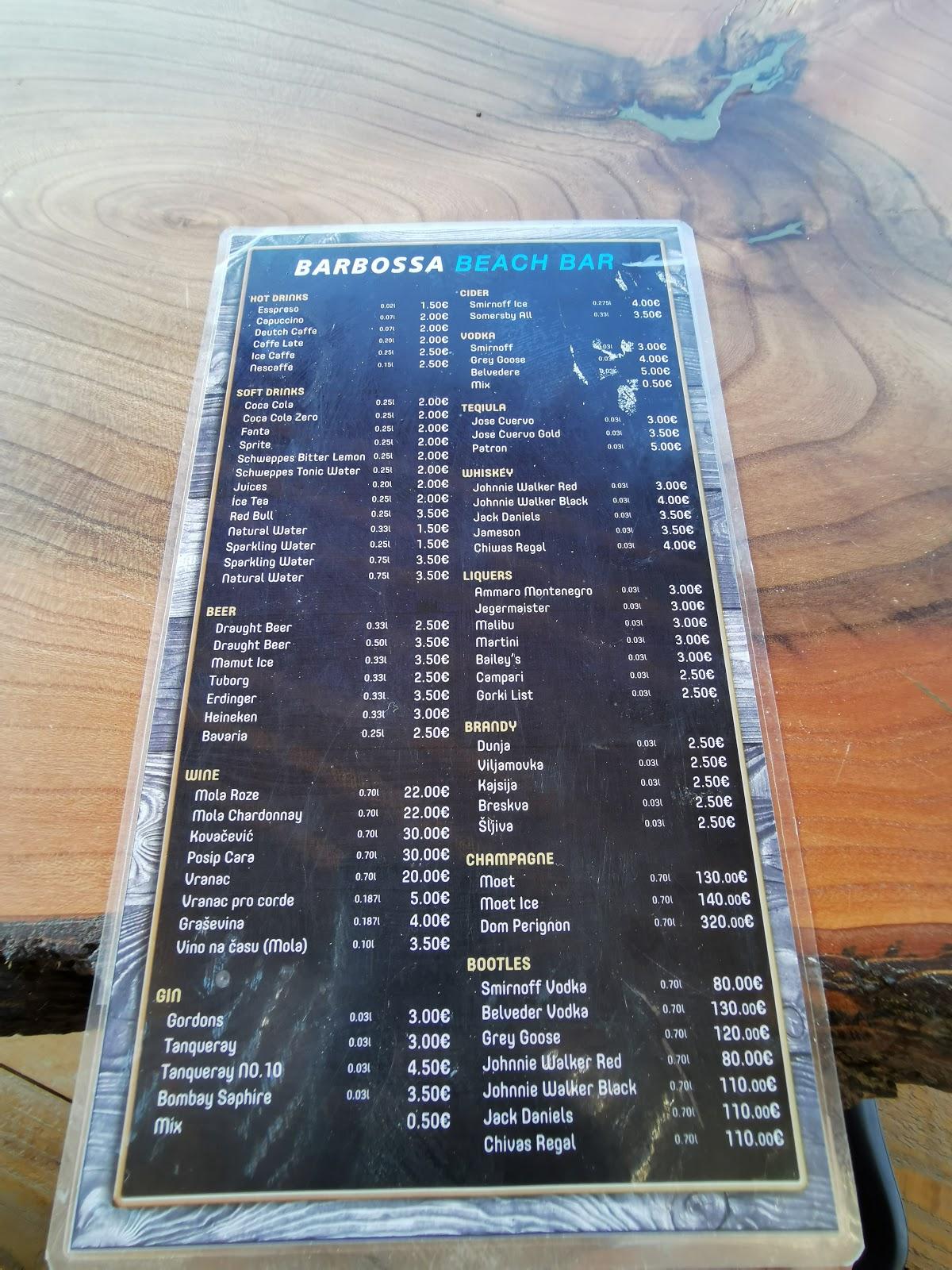Menu at Barbossa Beach Bar, Doni Štoj
