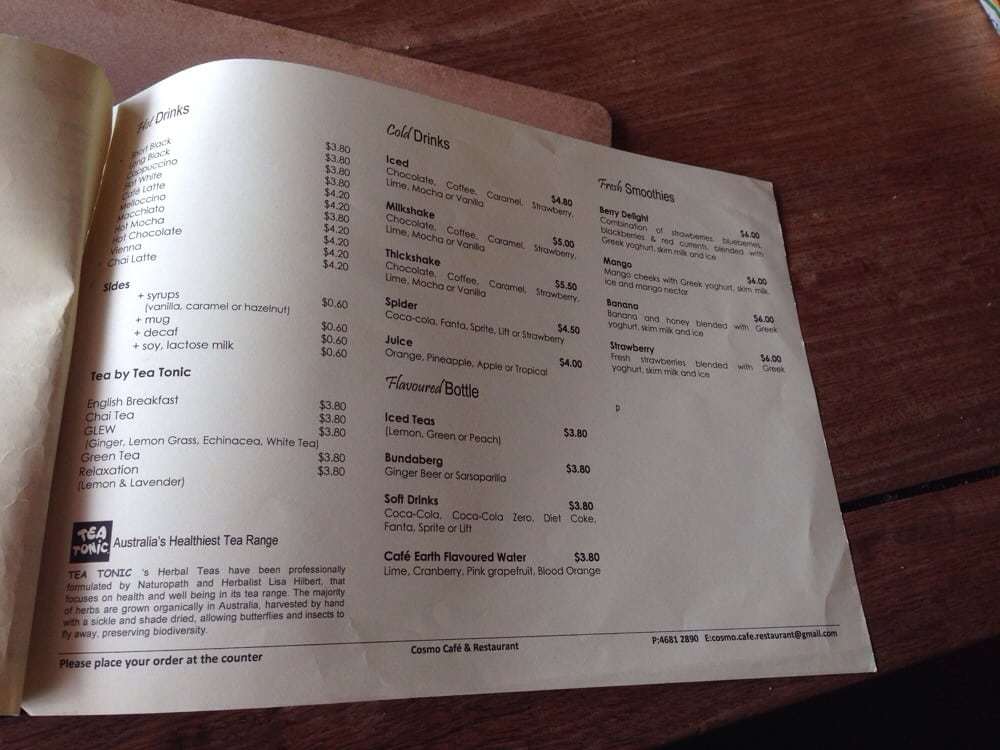 Menu at Cosmo Cafe, Stanthorpe