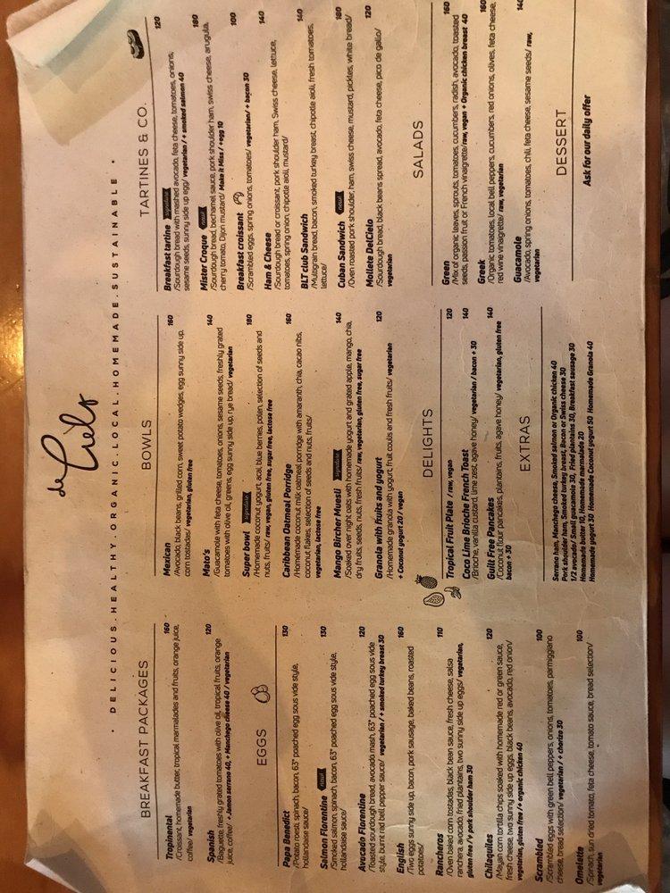 Menu at DelCielo cafe, Tulum, Satélite Sur 5