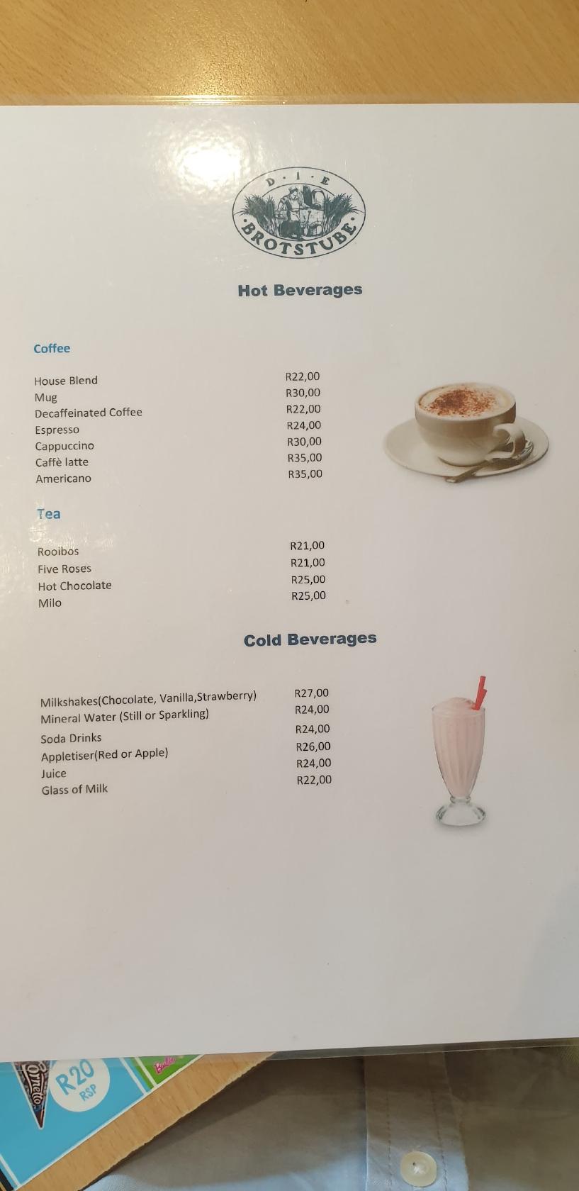 Menu at Die Brotstube, Pretoria