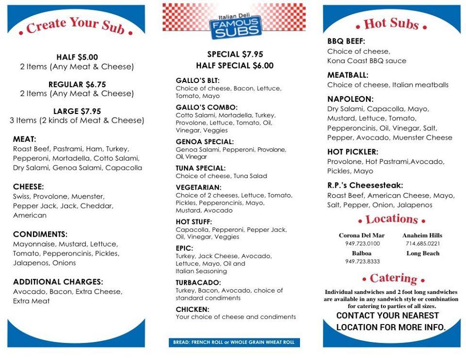 Menu at Gallo's Italian Deli Corona Del Mar restaurant, Newport Beach ...