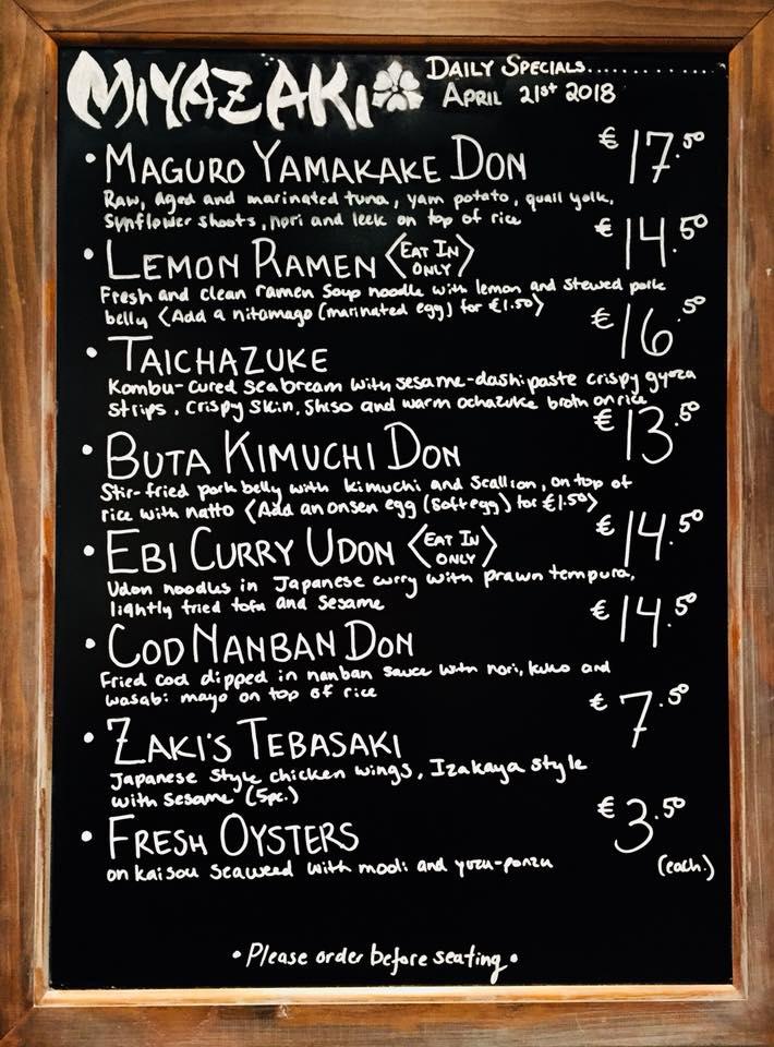 Menu at Miyazaki Japanese Take Away restaurant, Cork