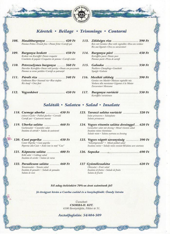 Menu at Móló Panzió és Étterem restaurant, Berettyóújfalu
