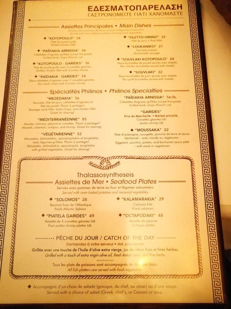 Menu at Philinos Restaurant, Montréal