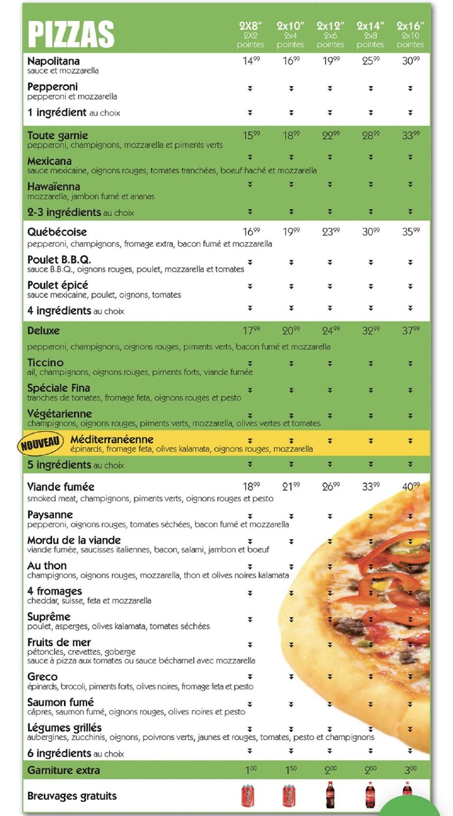 Menu at Pizza Fina pizzeria, Québec City