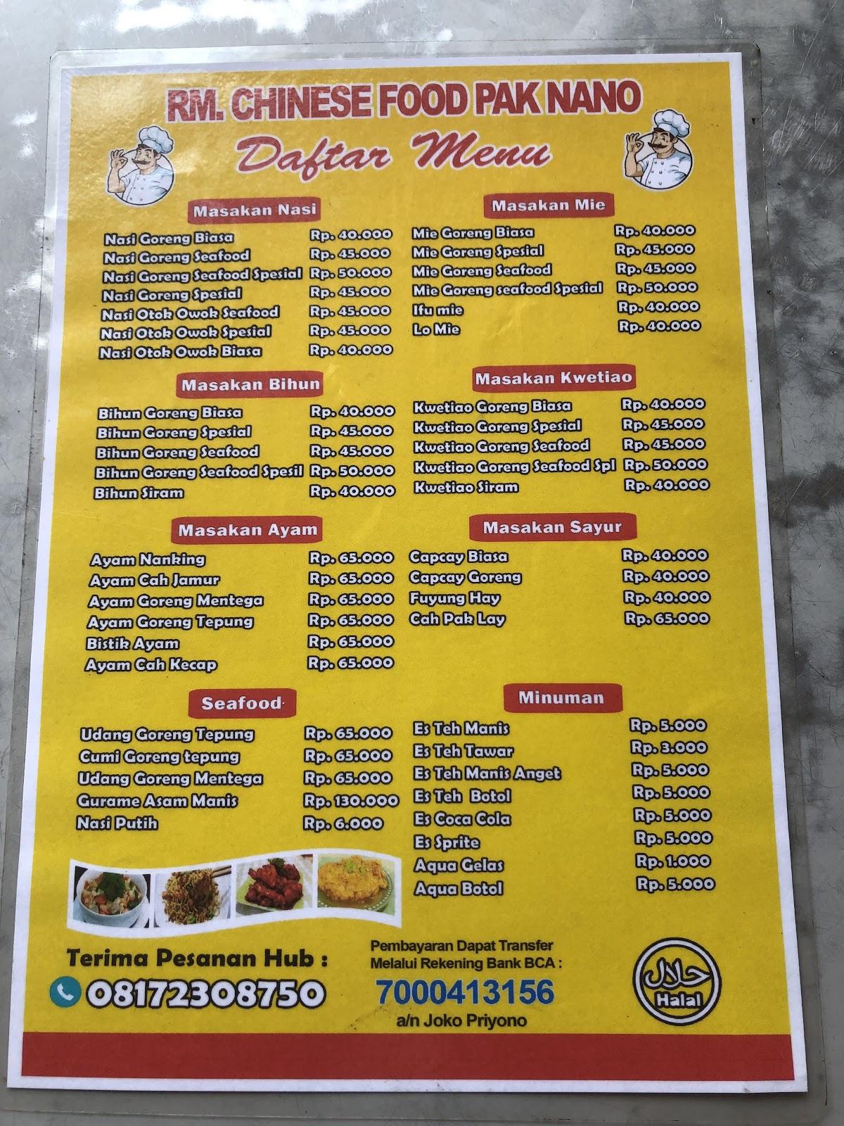 Menu at Chinese Food Pak Nano restaurant, Central Jakarta