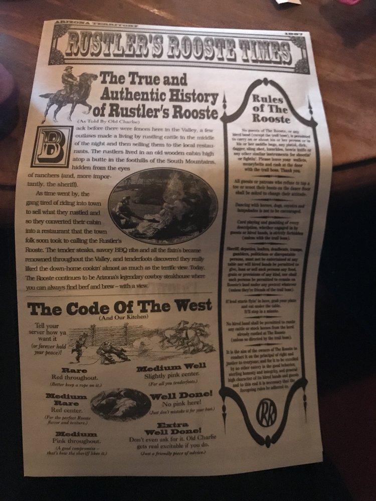 Menu at Rustler’s Rooste steakhouse, Phoenix
