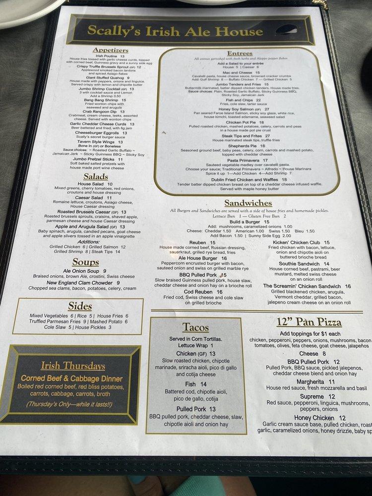 Menu at Scally's Irish Ale House pub & bar, Yarmouth
