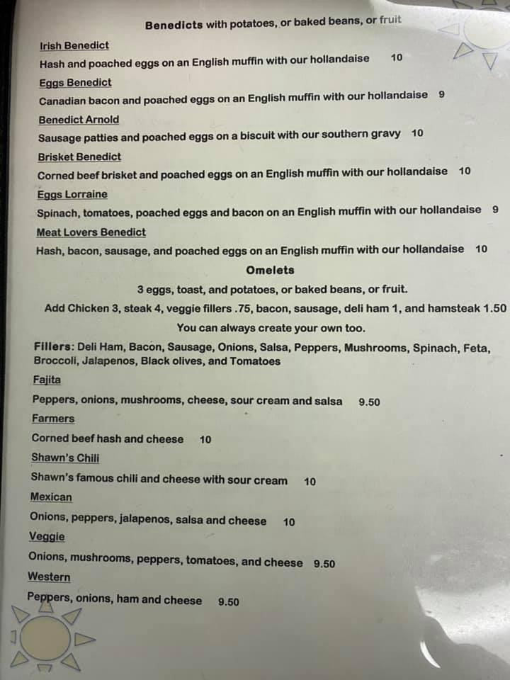 Menu at Sunshine & Pa's restaurant, Meredith
