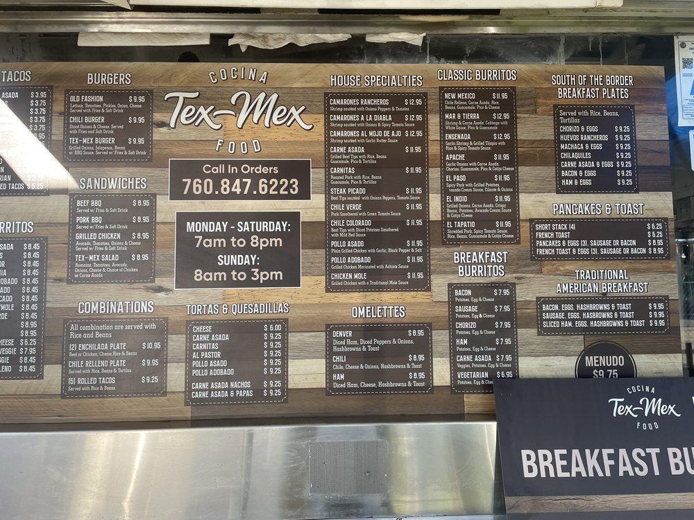 Menu at Tex Mex restaurant, Valley Center