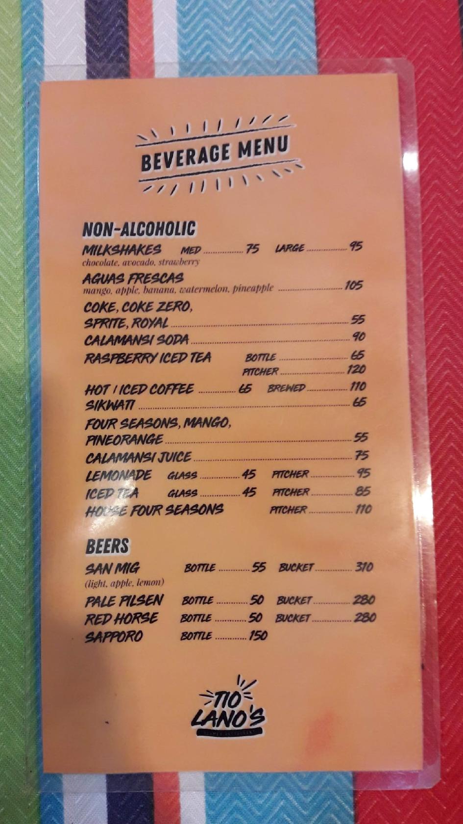 Menu at Tio Lano's restaurant, Iligan City