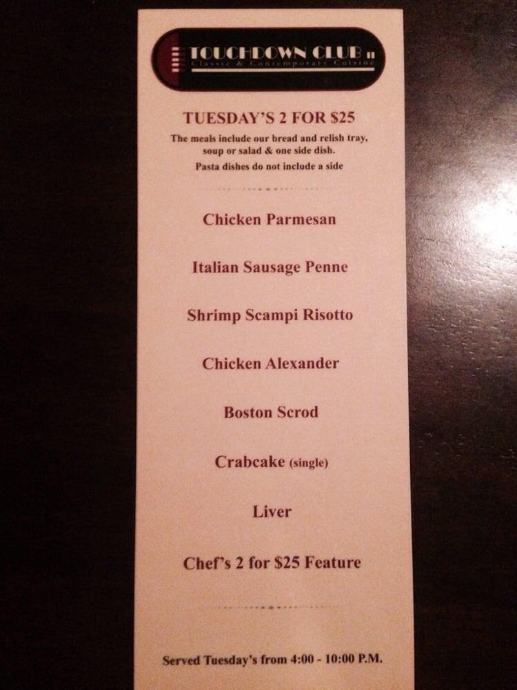 Menu at Touchdown Club II, Latrobe