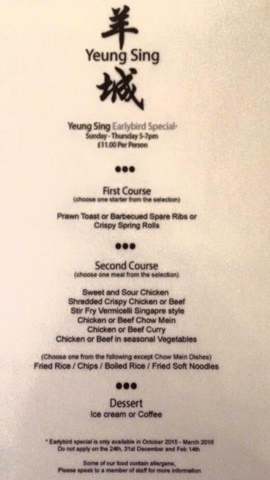 Menu at Yeung Sing Takeaway restaurant, Llandudno