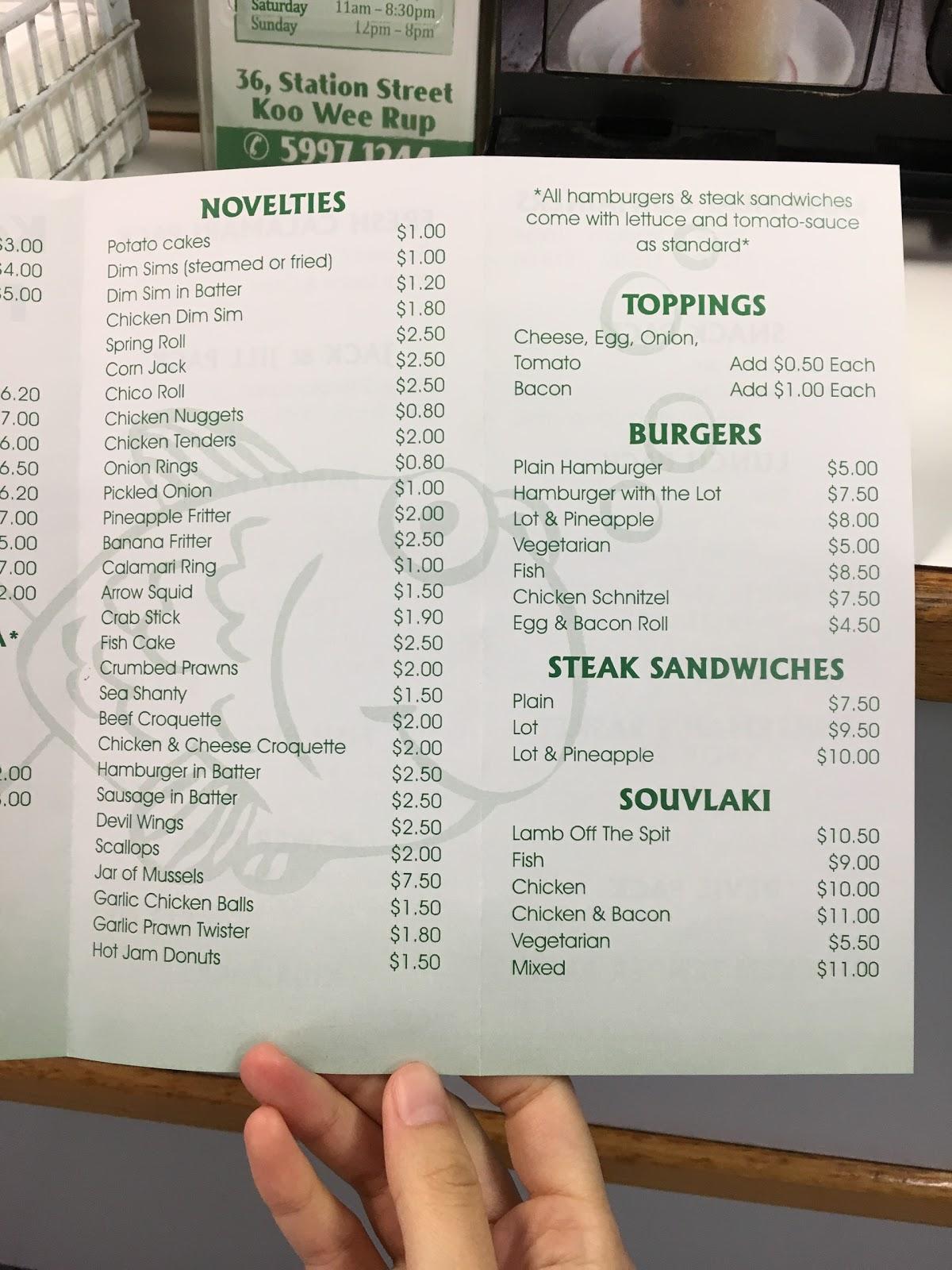 Menu at Koo Wee Rup Fish & Chips fast food, Koo Wee Rup