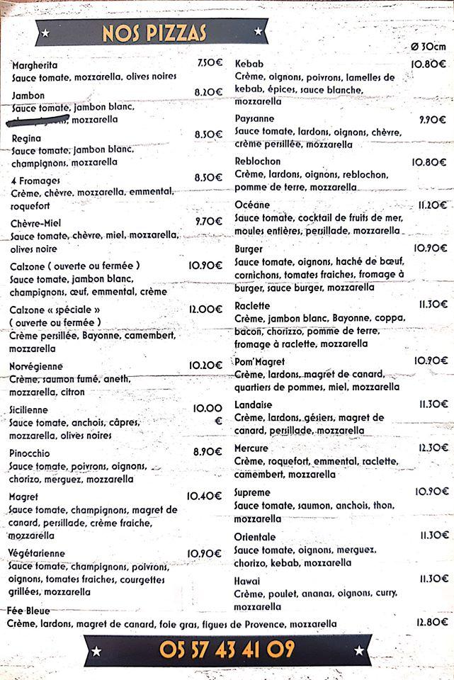 Menu at Le Pinocchio pizzeria, Chevanceaux