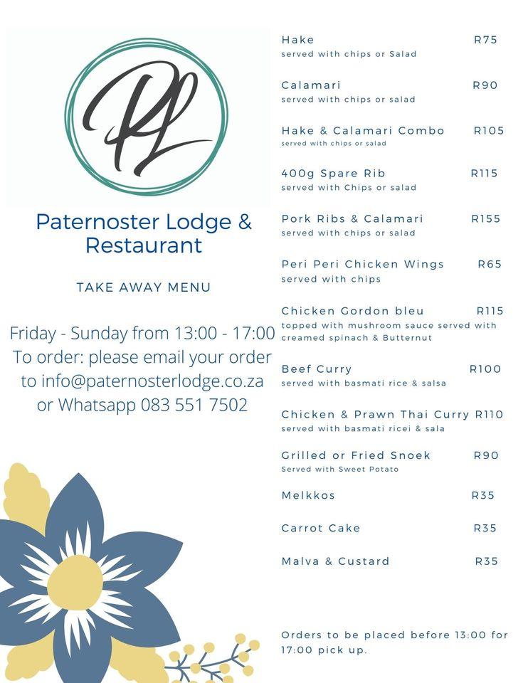 Menu at Paternoster Lodge restaurant, Paternoster