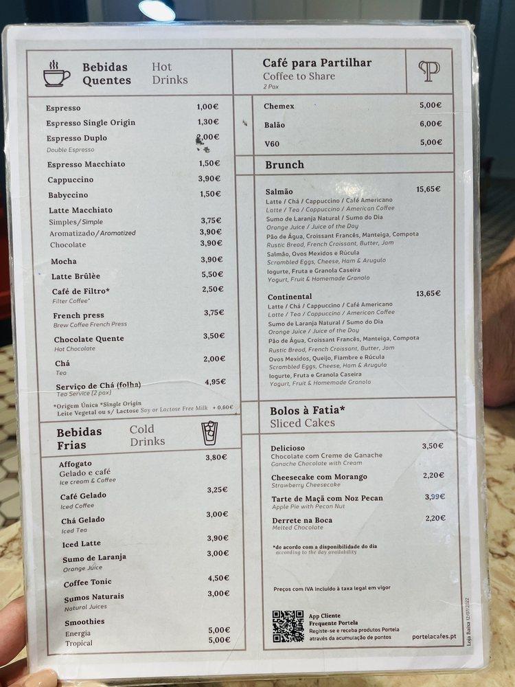 Menu at Portela Cafés, Lisbon, R. dos Bacalhoeiros 32