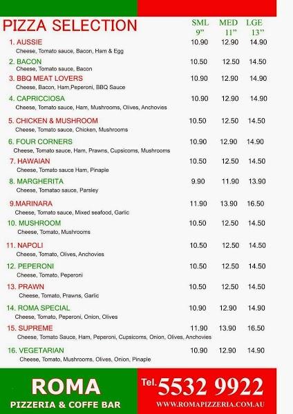Menu at Roma Pizzeria, Southport
