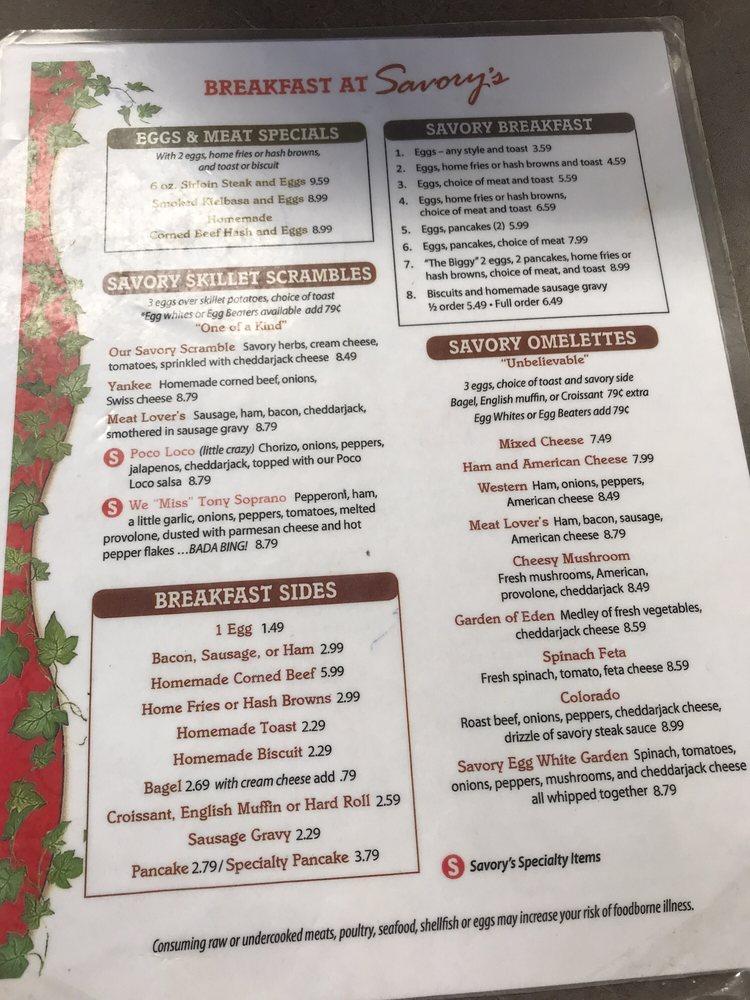 Menu at Savory's Family Restaurant, Hamburg