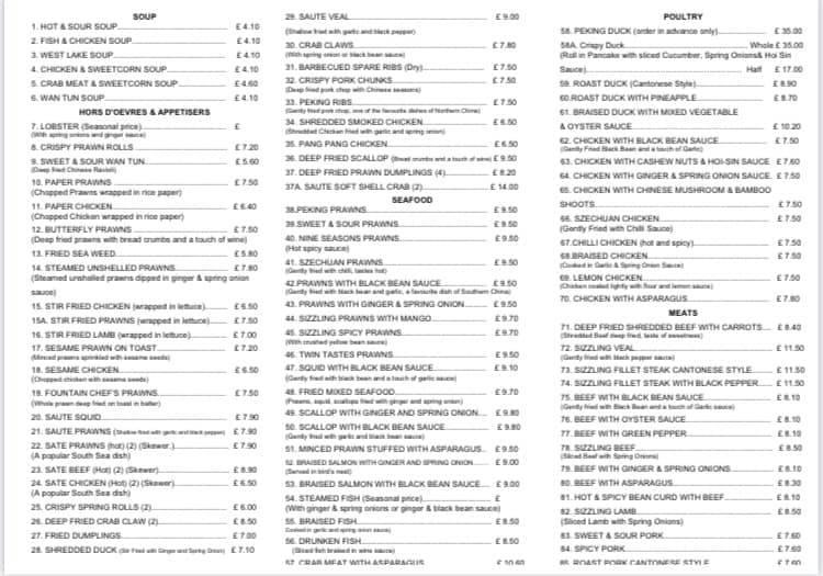 Menu at The Fountain restaurant, Newmarket, 182 High St