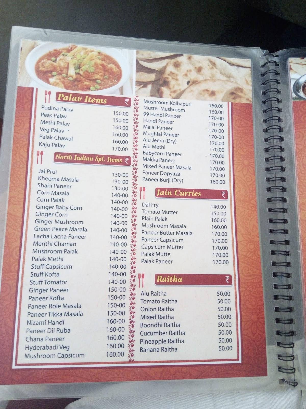 Menu at Udupi Grand, Hyderabad, 8-3-1027/A/1