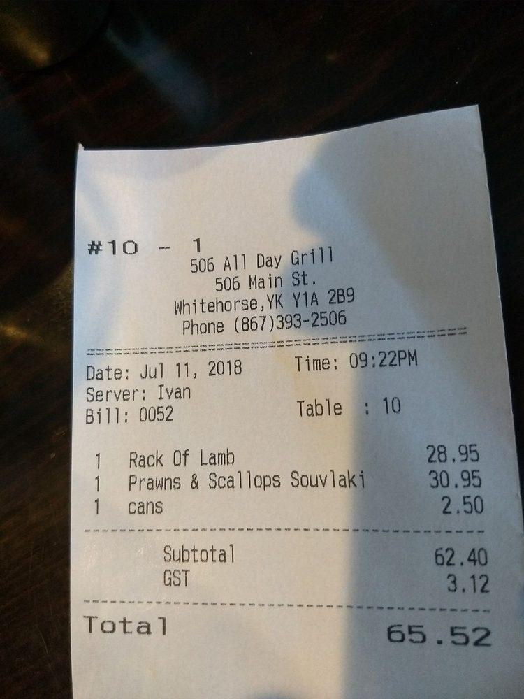 Menu at 506 All Day Grill restaurant, Whitehorse